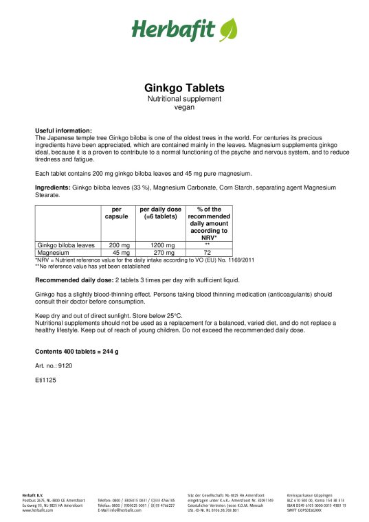 Ginkgo Tablets » Order online now | Herbafit